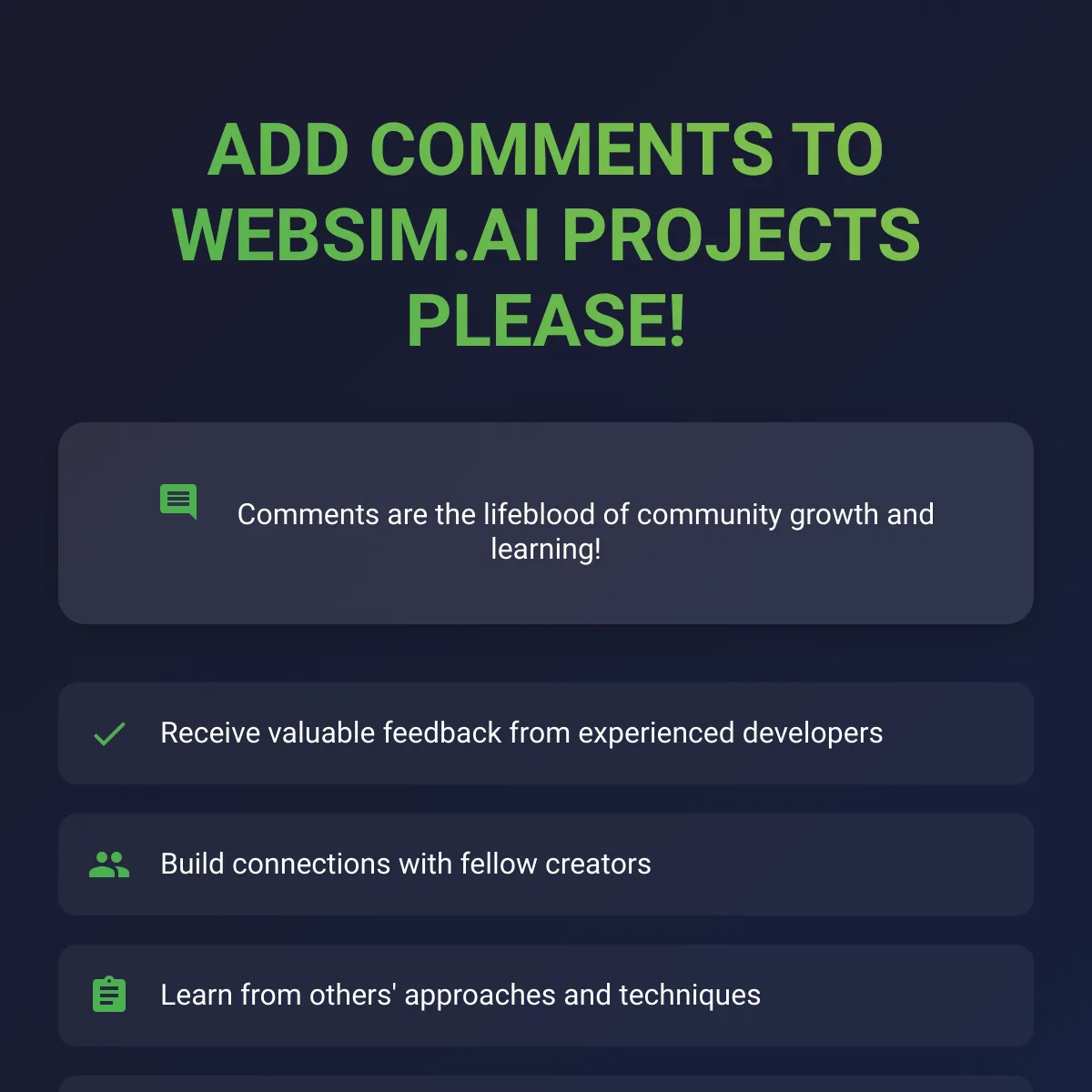 ADD COMMENTS TO WEBSIM.AI PROJECTS PLEASE!