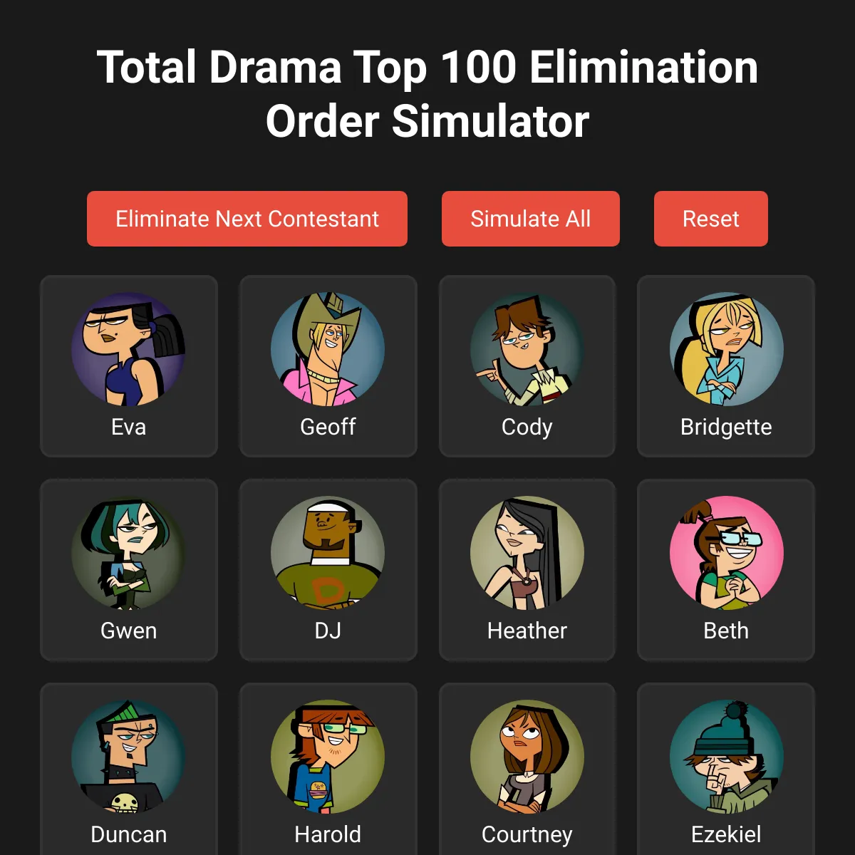 Total Drama Top 100 Elimination Order Simulator