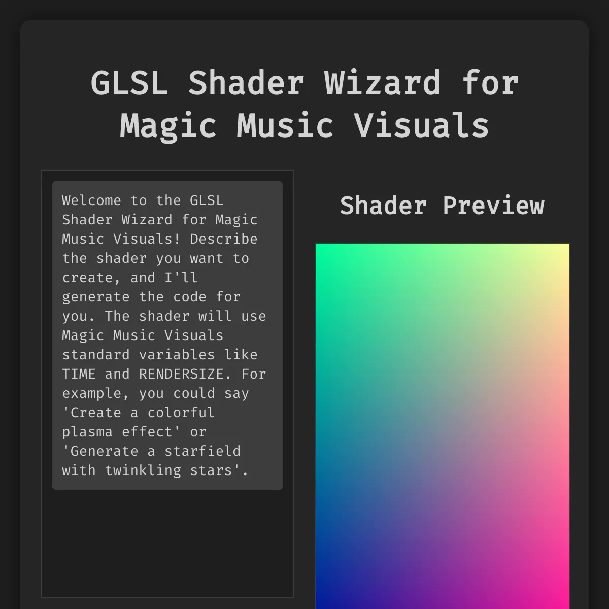 GLSL Shader Wizard for Magic Music Visuals