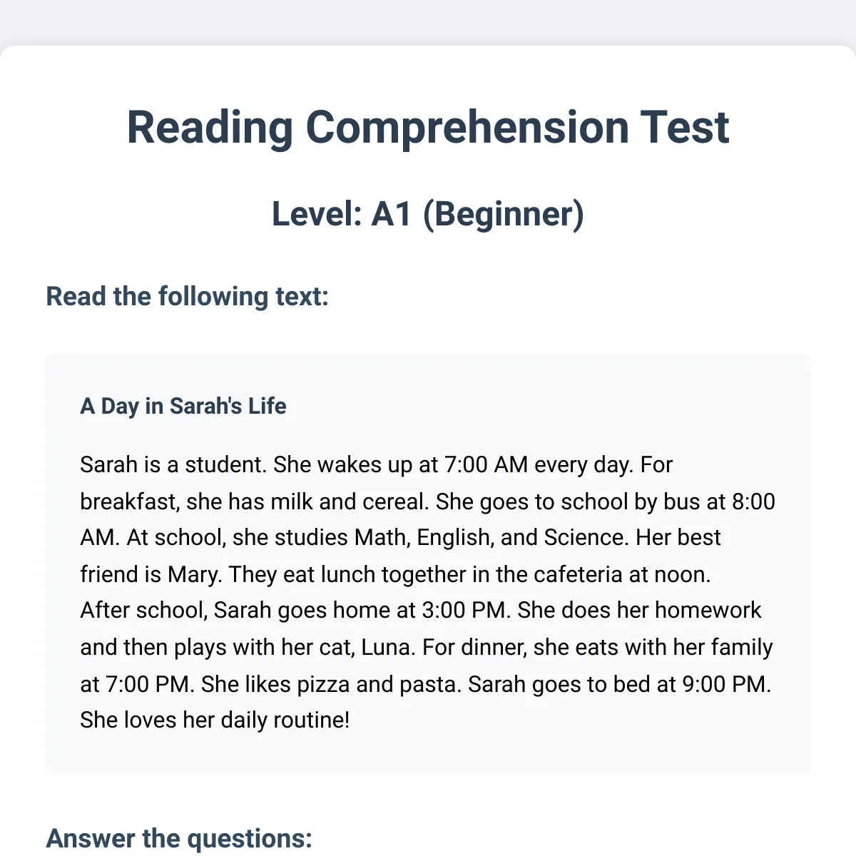 English Reading Comprehension - Level A1