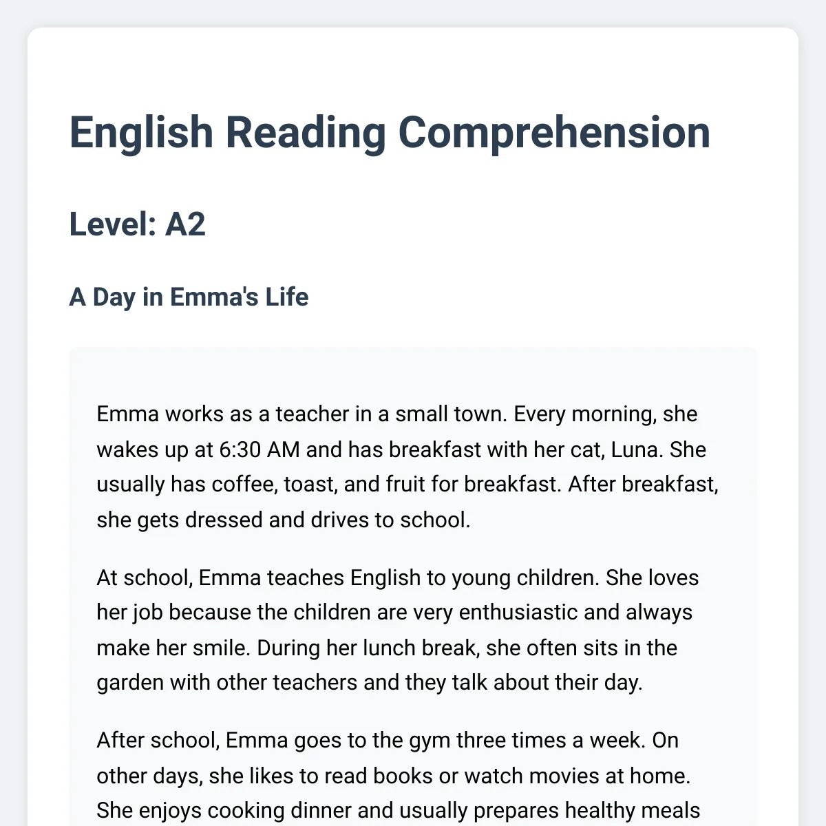 English Reading Comprehension - Level A2