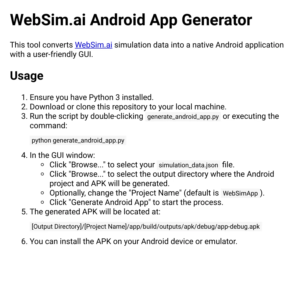WebSim.ai Android App Generator