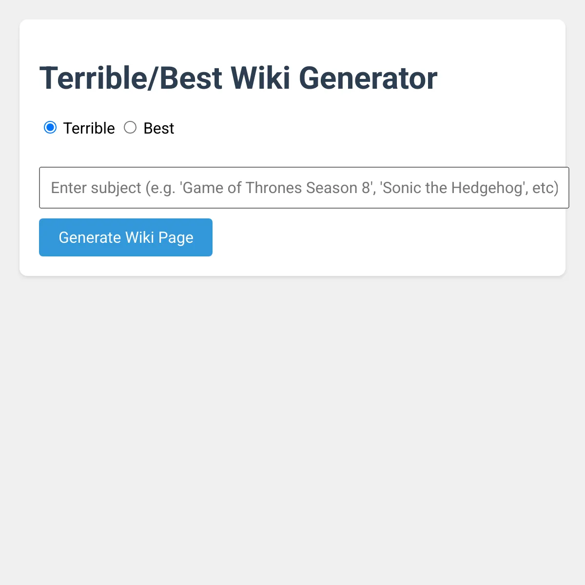 Terrible/Best Wiki Generator