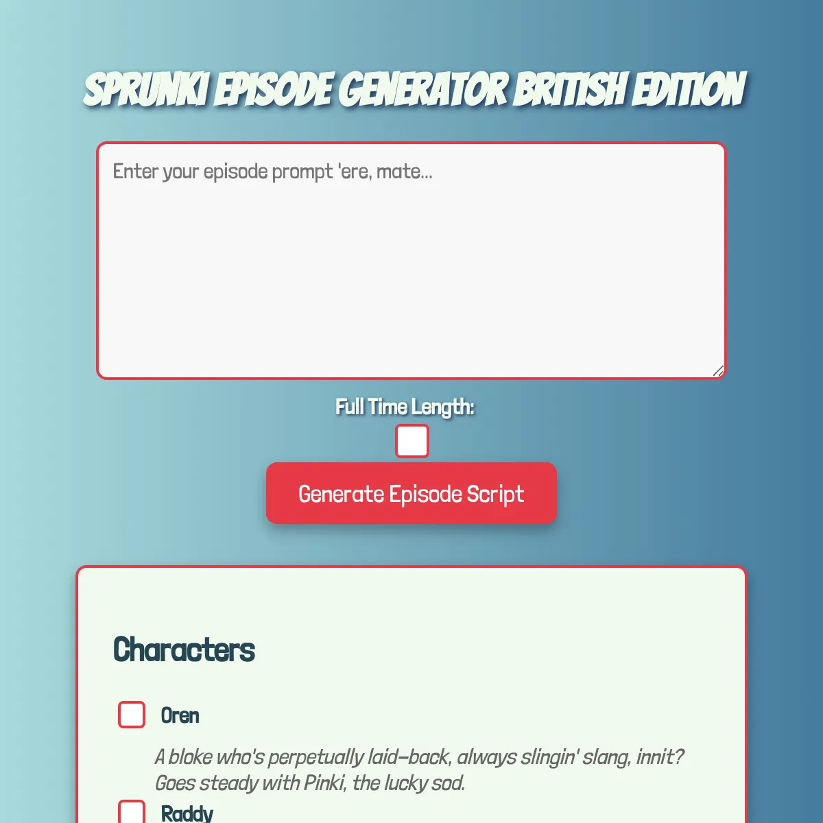 Sprunki Episode Generator British Edition