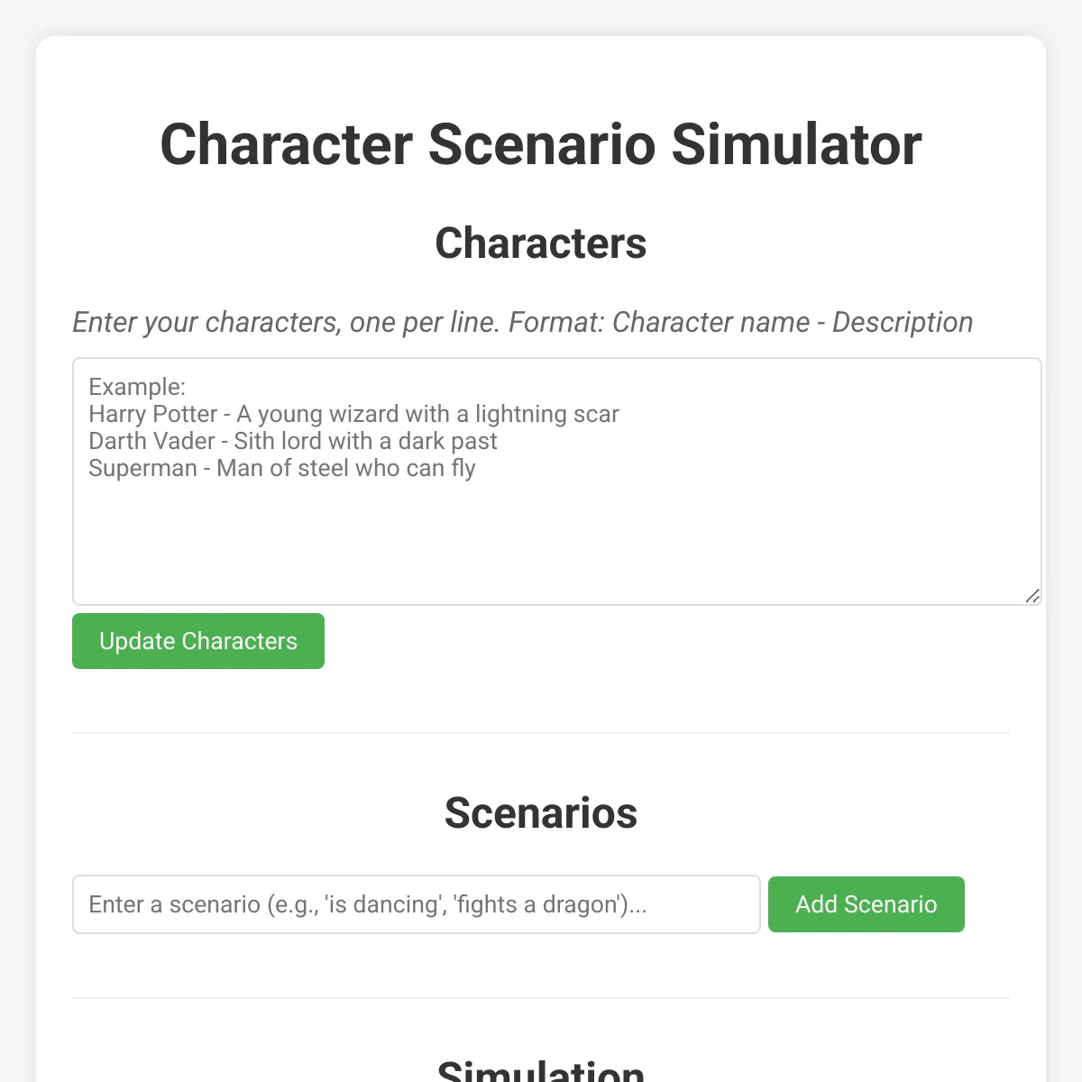 Character Scenario Simulator