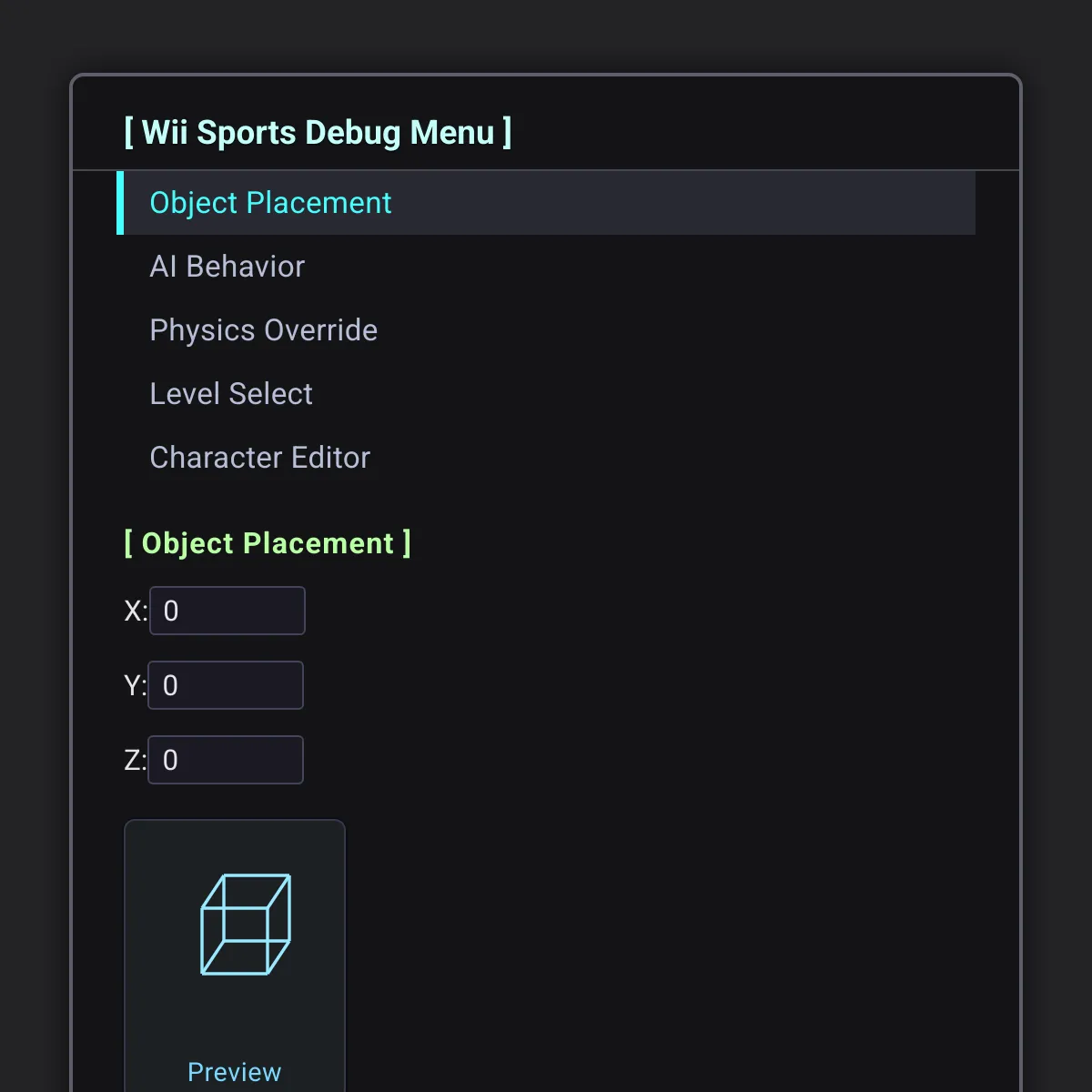 Wii Sports Debug Menu (Hyperrealistic Recreation)