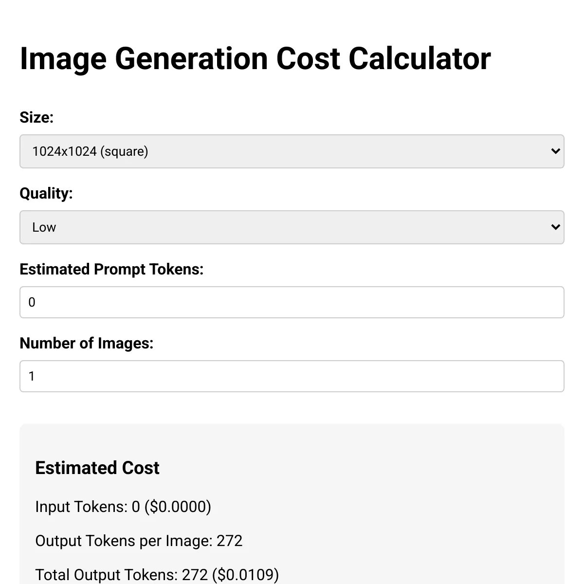 Image Generation Cost Calculator