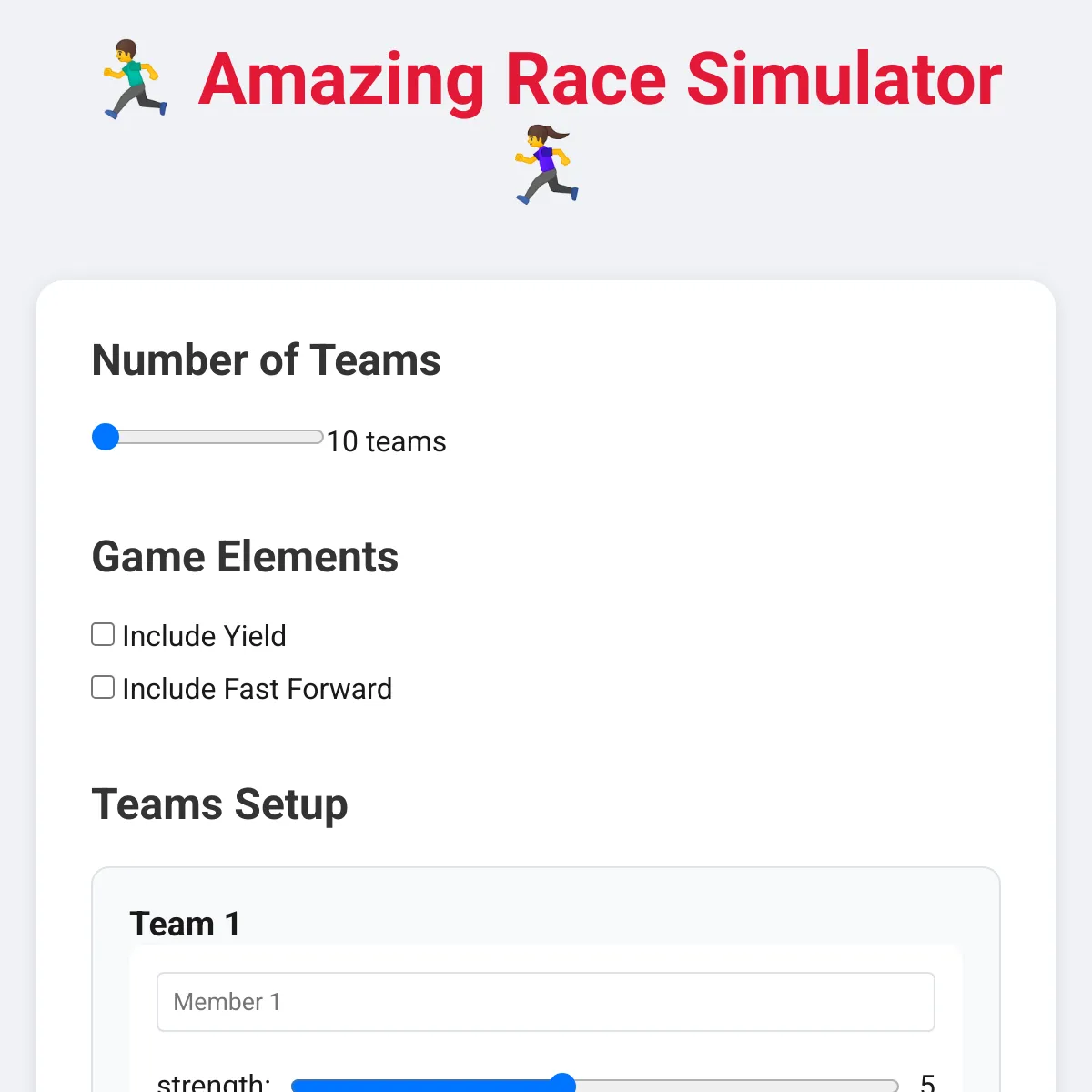 Amazing Race Simulator - Setup