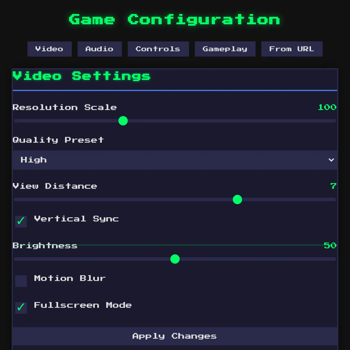 Video Game Config Panel