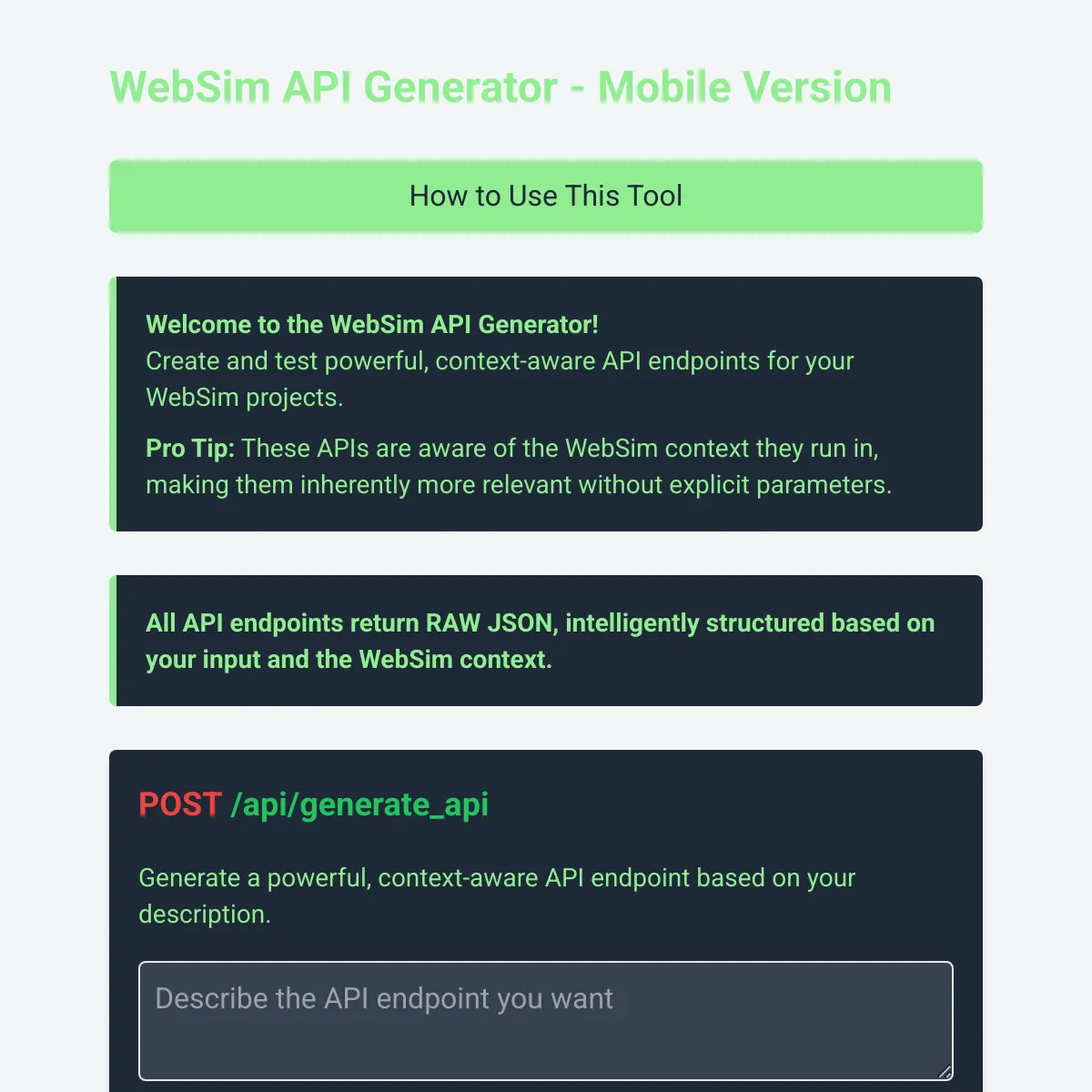 WebSim API Generator - Mobile Version