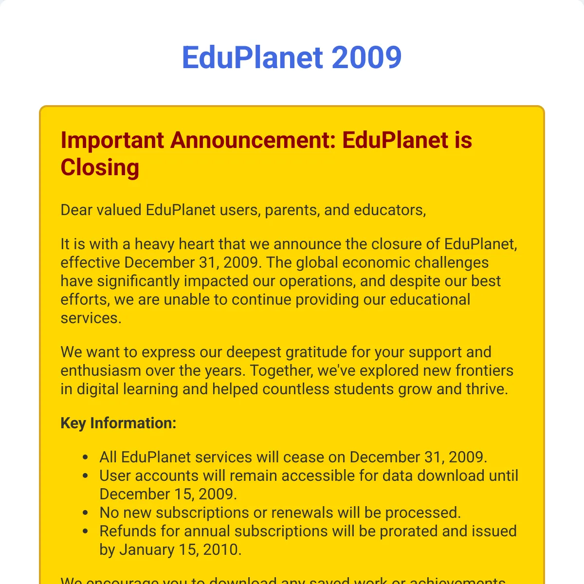 EduPlanet 2009 - Important Announcement