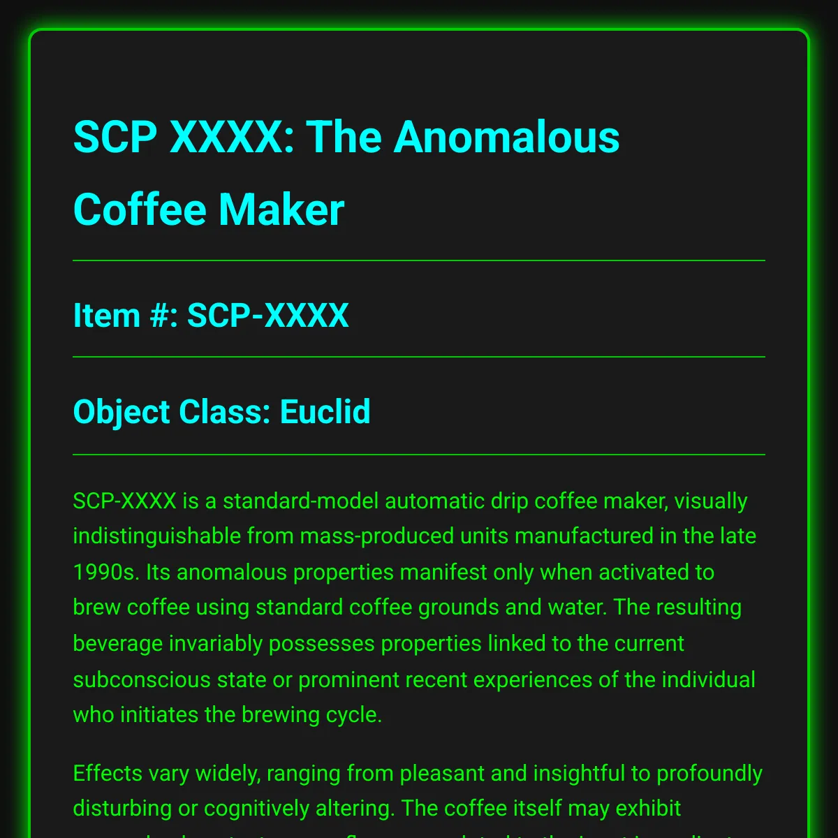 SCP XXXX: The Anomalous Coffee Maker