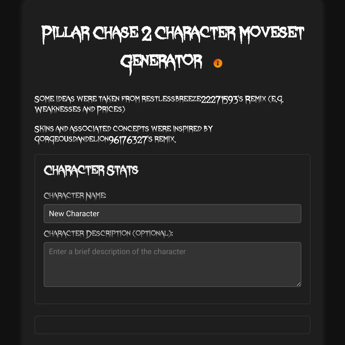 Pillar Chase 2 Character Moveset Generator