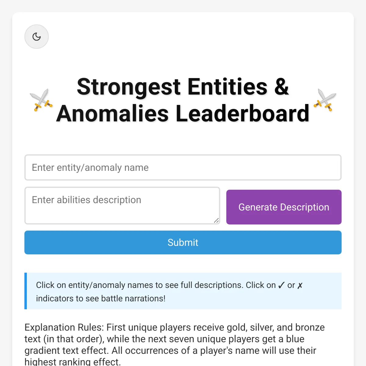 Strongest Entities & Anomalies Leaderboard(wip)