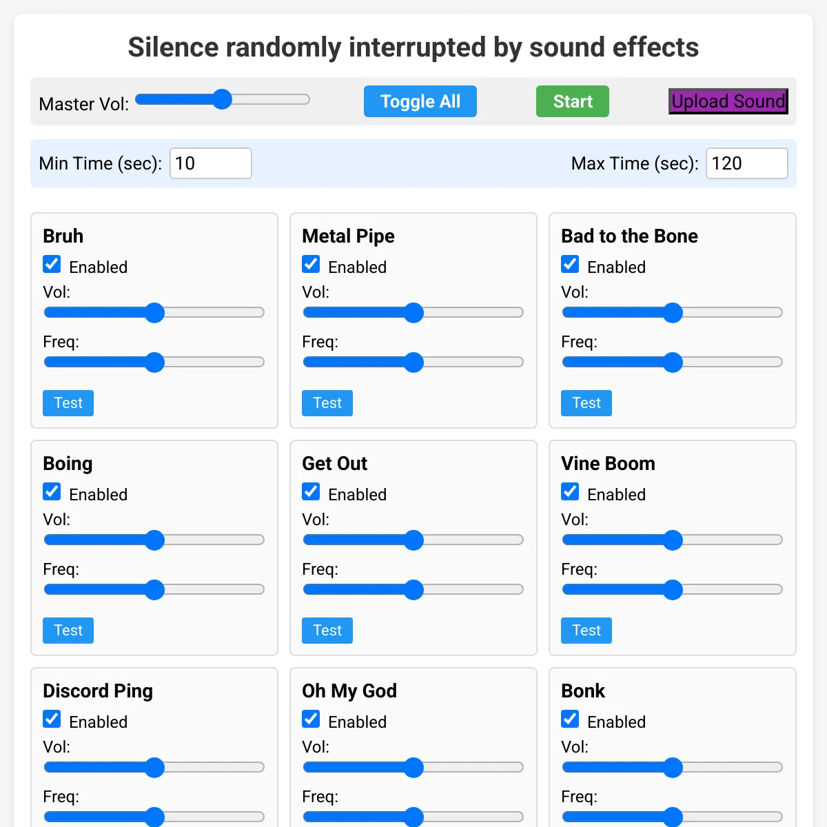 Silence randomly interrupted by sound effects