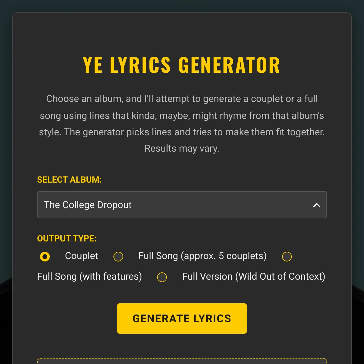 Ye Lyrics Generator