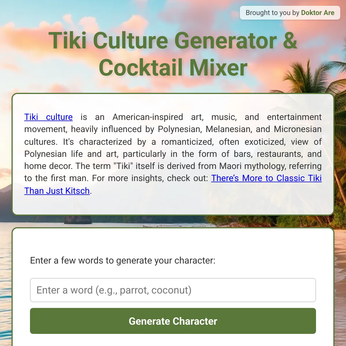 Tiki Culture Generator & Cocktail Mixer