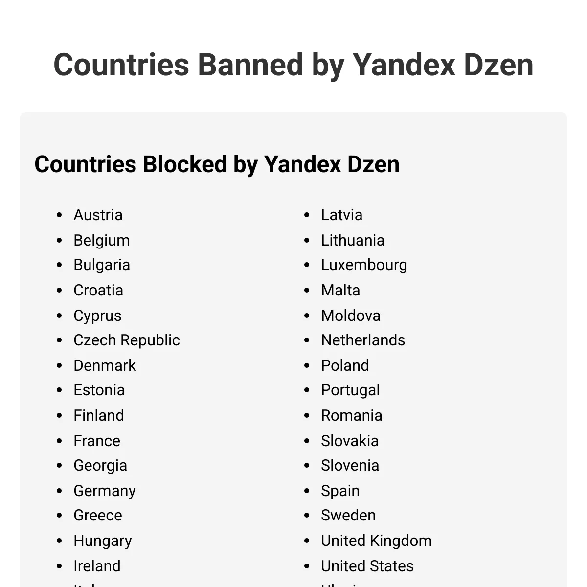Countries Banned by Yandex Dzen