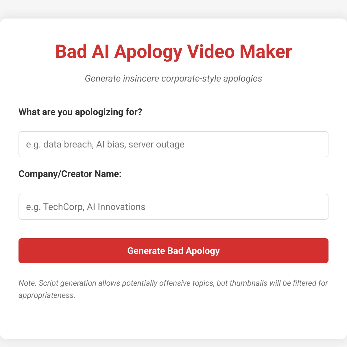 Bad AI Apology Video Maker
