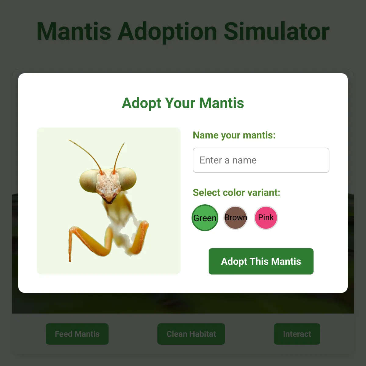 Mantis Adoption Simulator