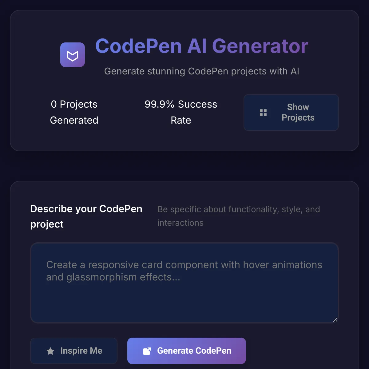 CodePen AI project Generator