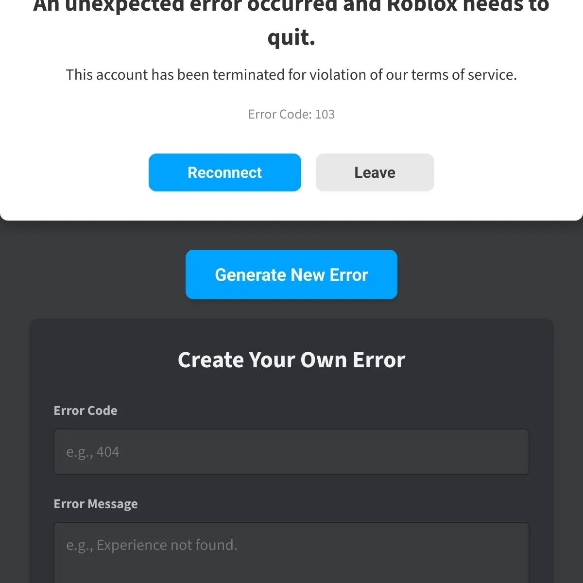 Roblox Error Code Generator