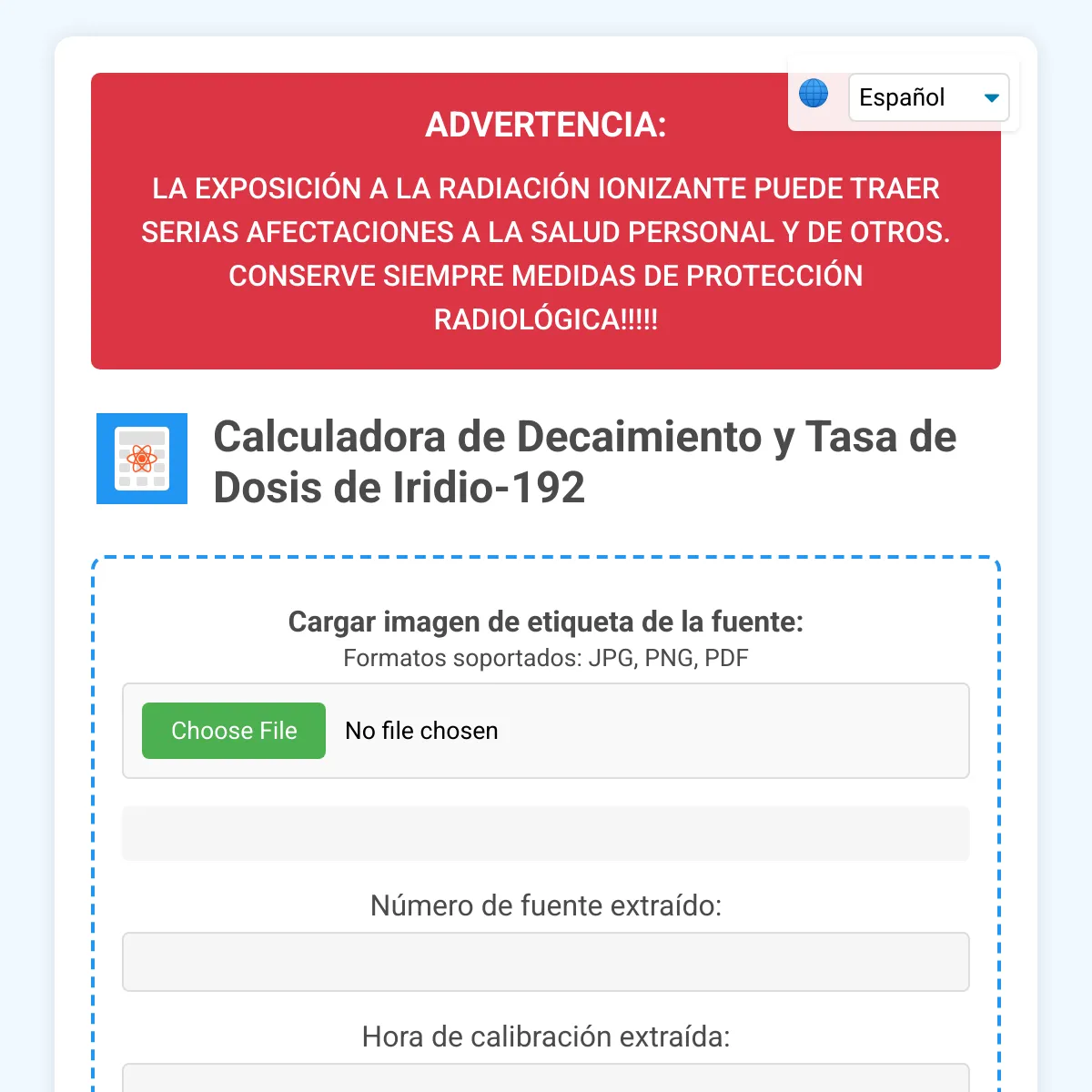 Calculadora de Decaimiento de Iridio-192