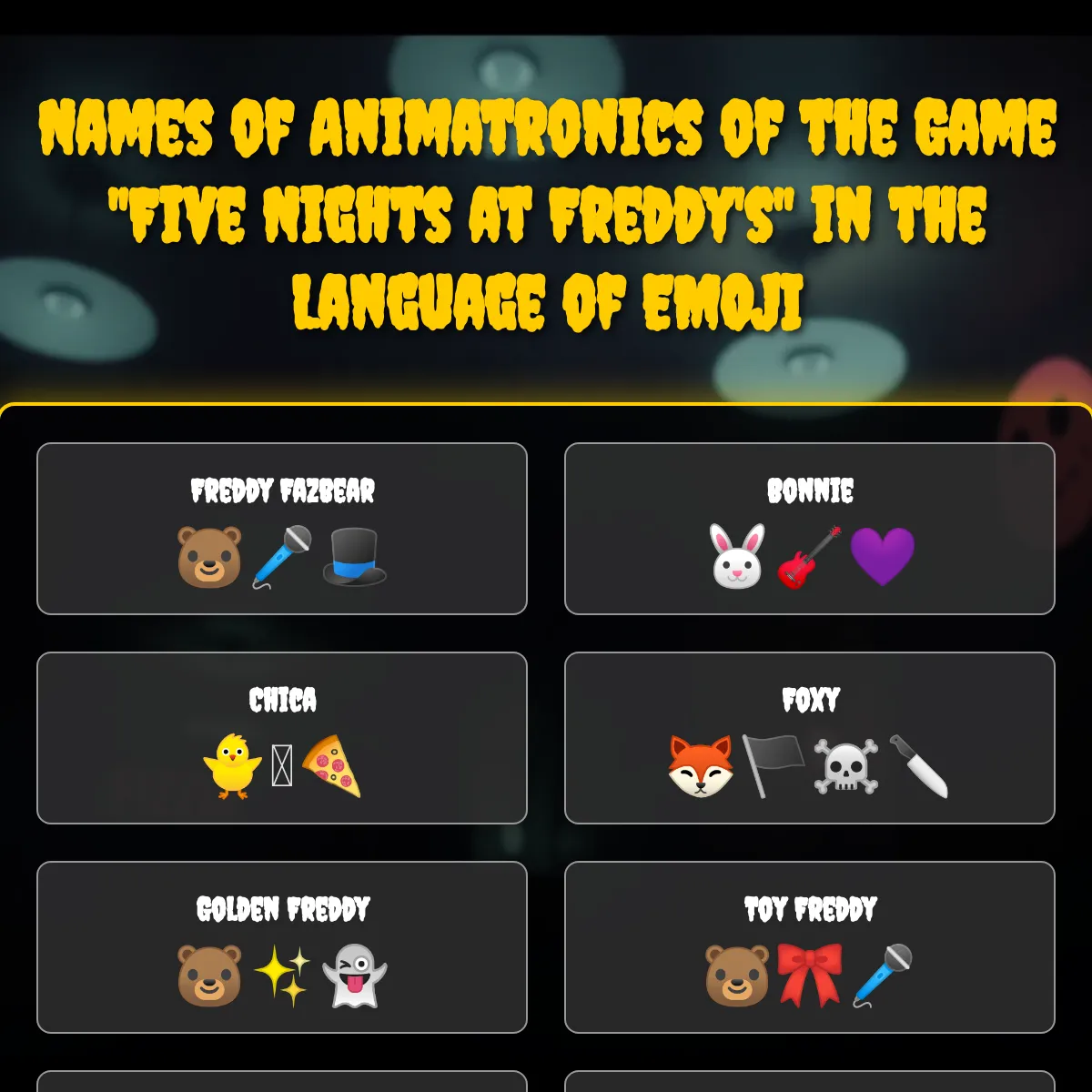 Names of animatronics of the game "FNAF" in the language of EMOJI
