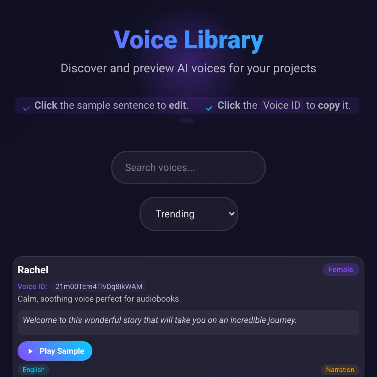 Elevenlabs Voice Library for id copy