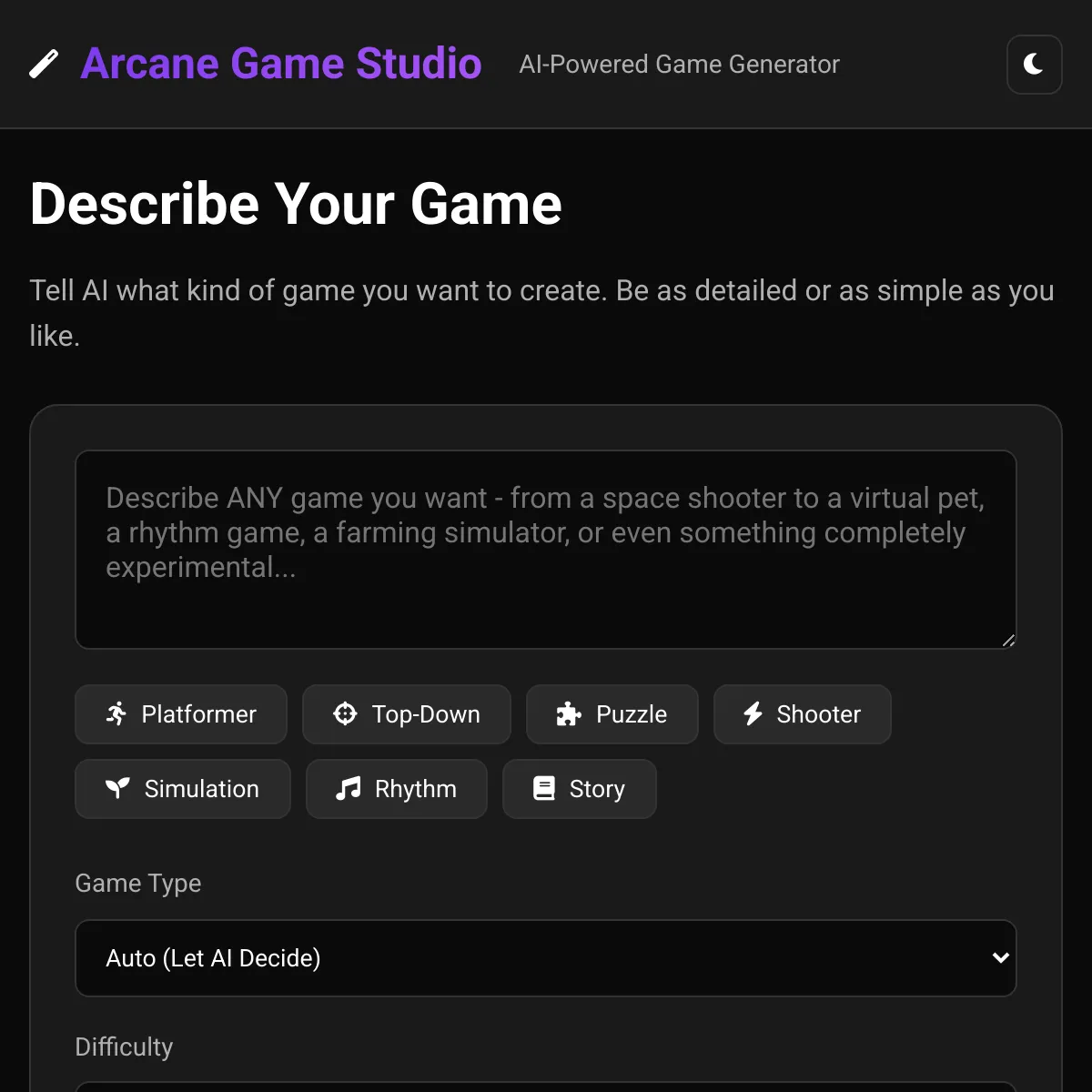 Arcane Game Studio - AI Game Generator