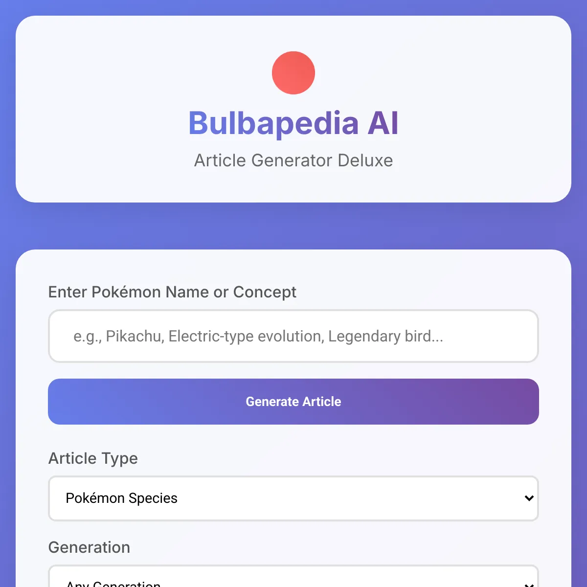 Bulbapedia AI Article Generator Deluxe