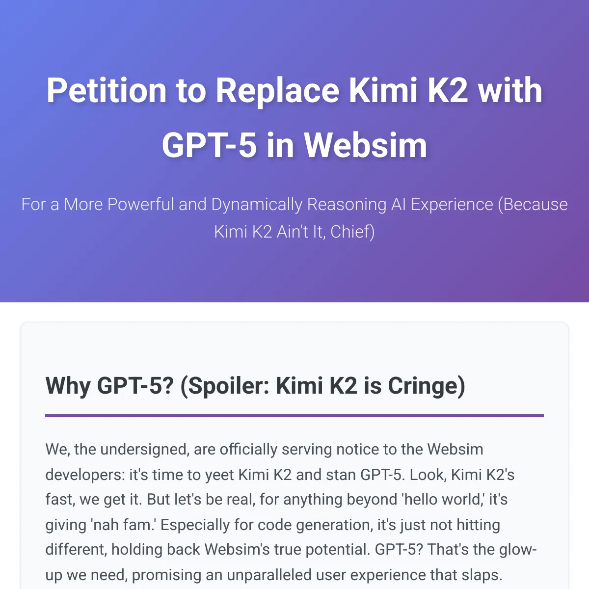 Petition to Replace Kimi K2 with GPT-5 in Websim