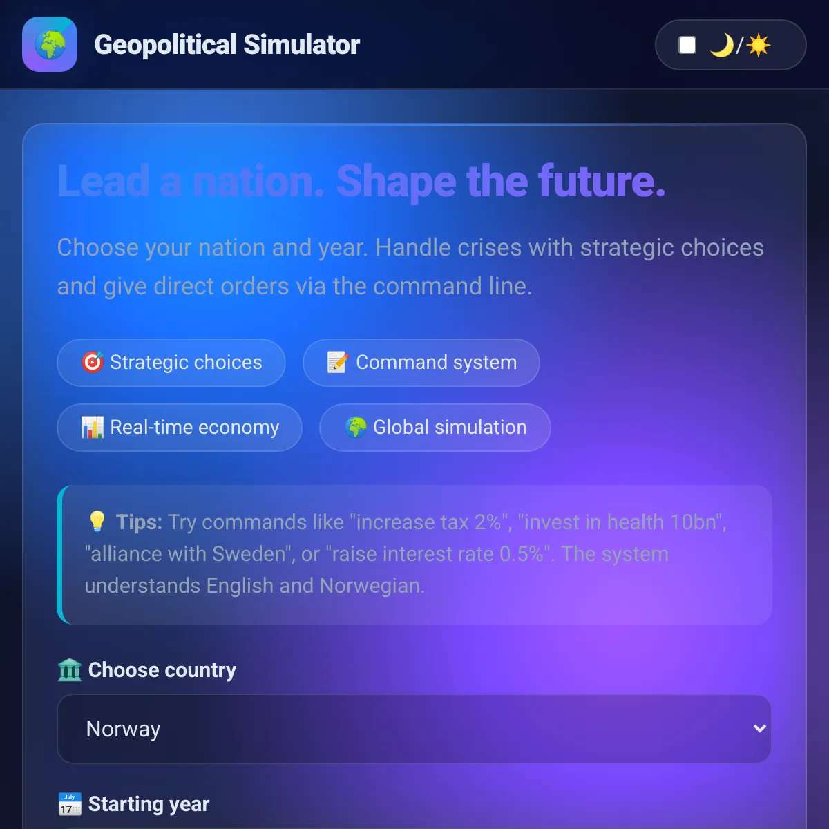 geopolitical simulator choose country and year