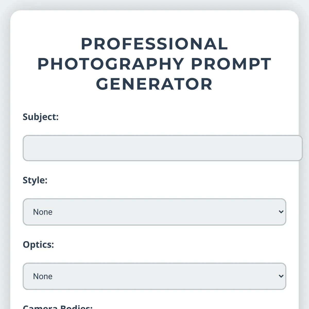 PROFESSIONAL PHOTOGRAPHY PROMPT GENERATOR