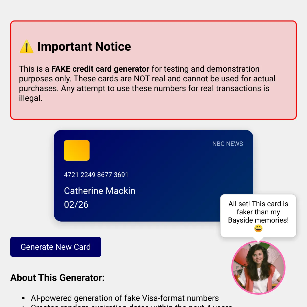 SAMPLE/FAKE Credit Card Generator for Testing