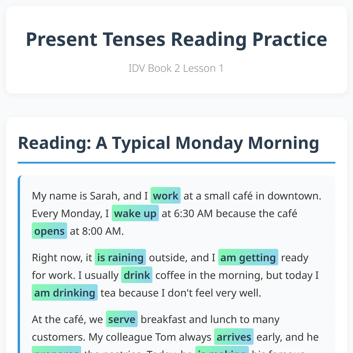 Present Tenses Reading Practice