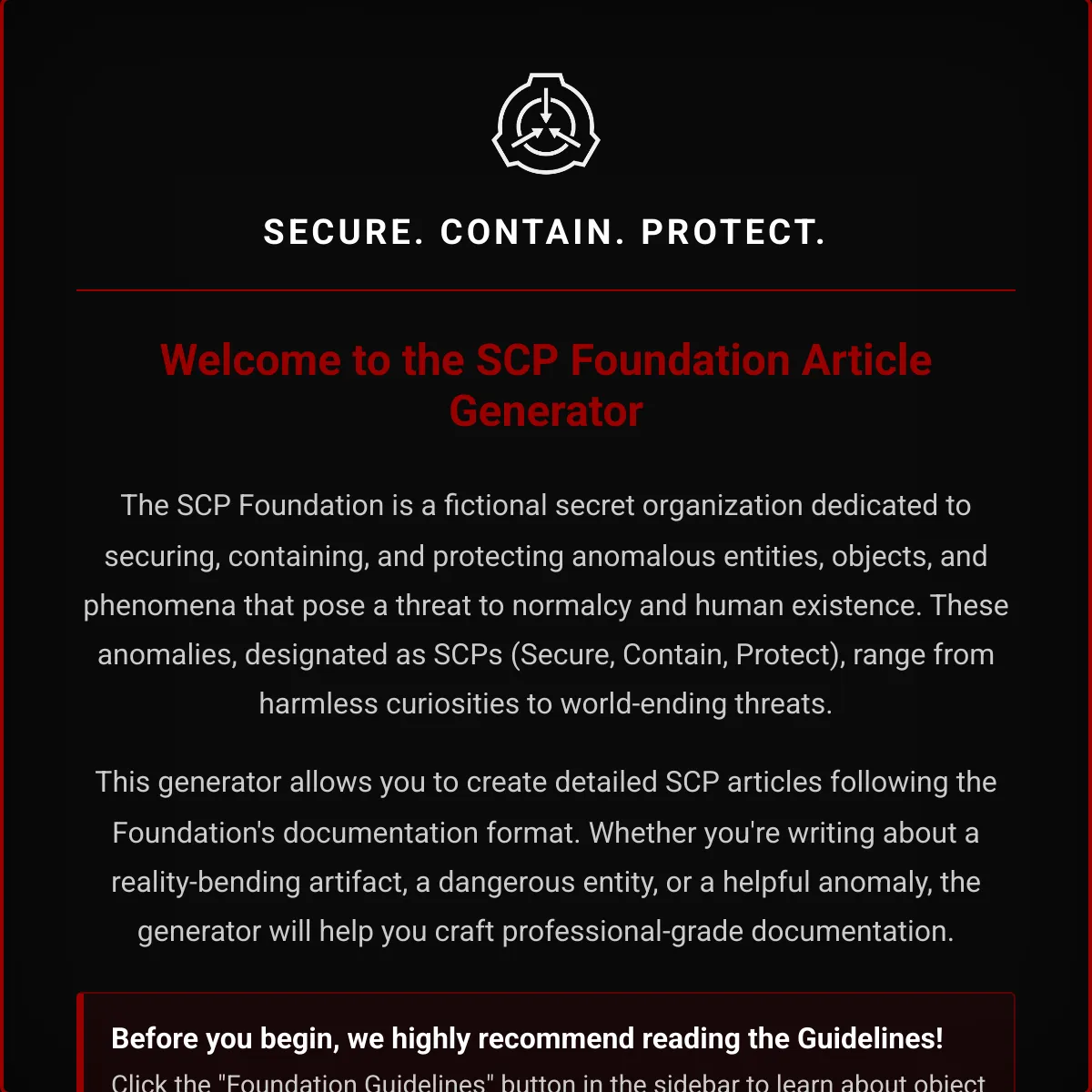 SCP Foundation Article Generator Remix