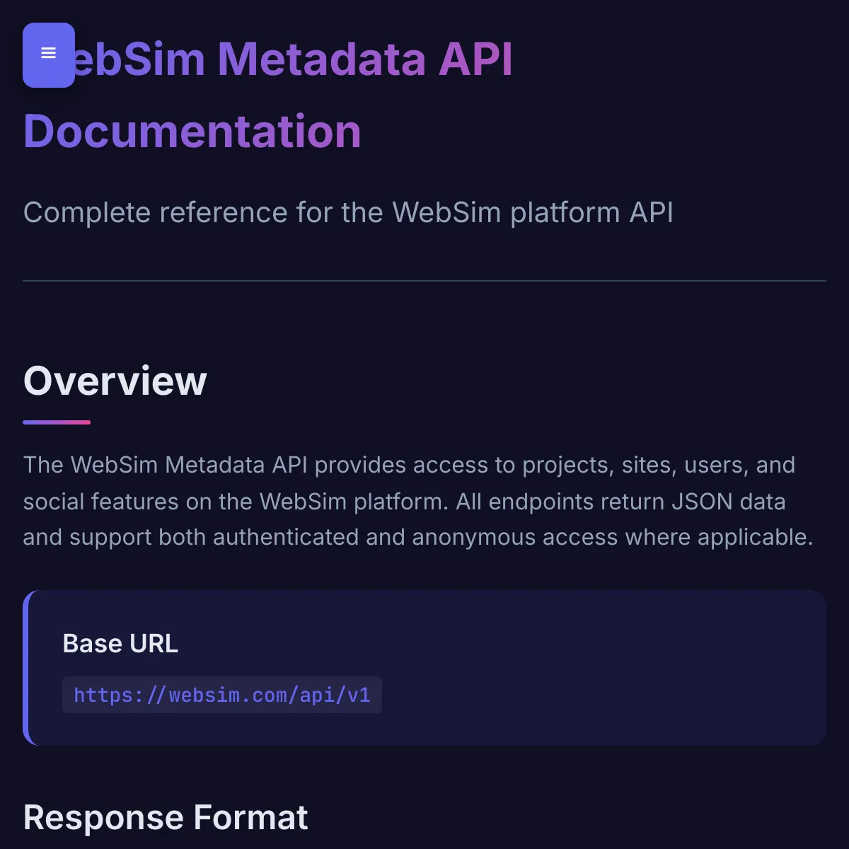 WebSim Metadata API Documentation