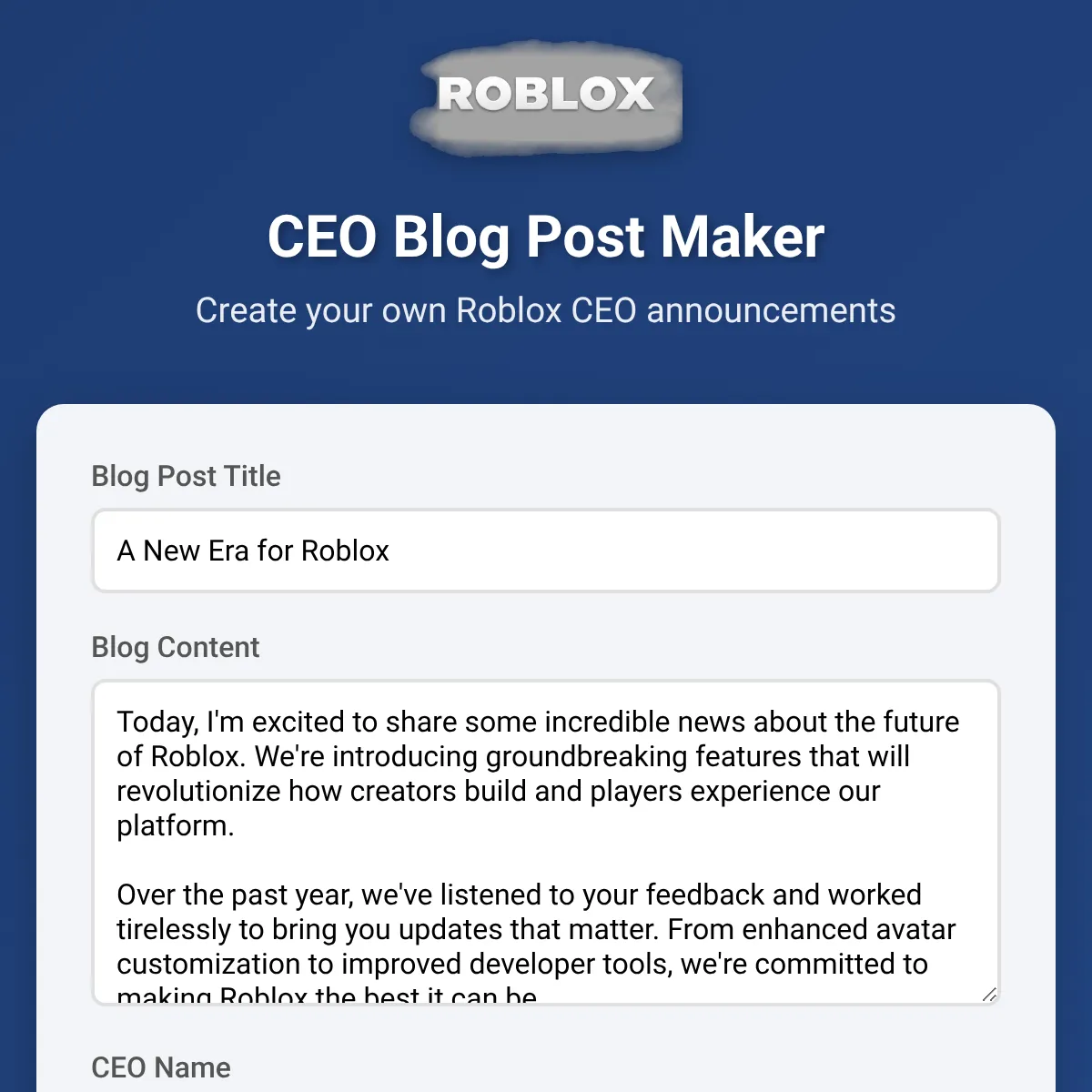Roblox CEO Blog Post Maker