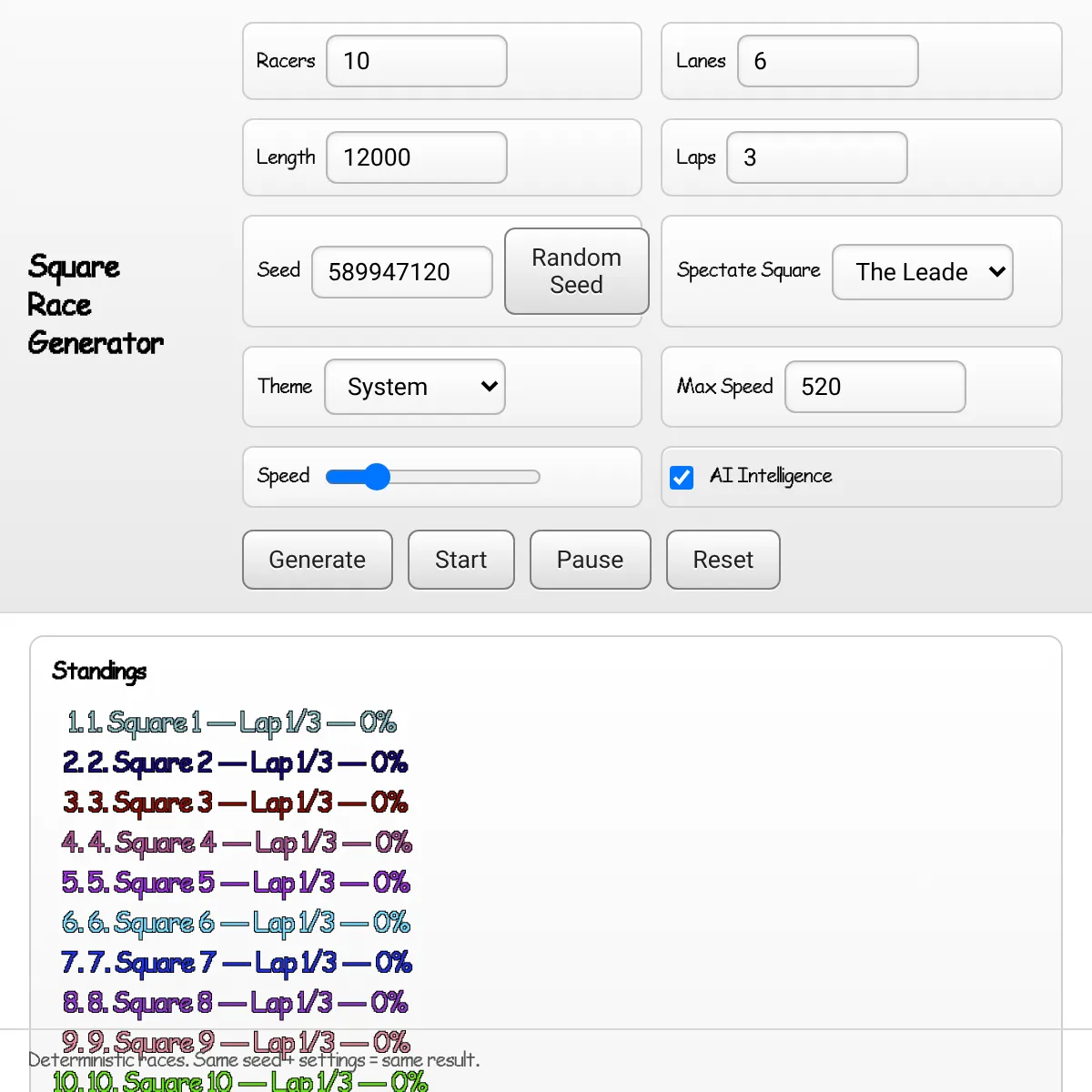 Square Race Generator