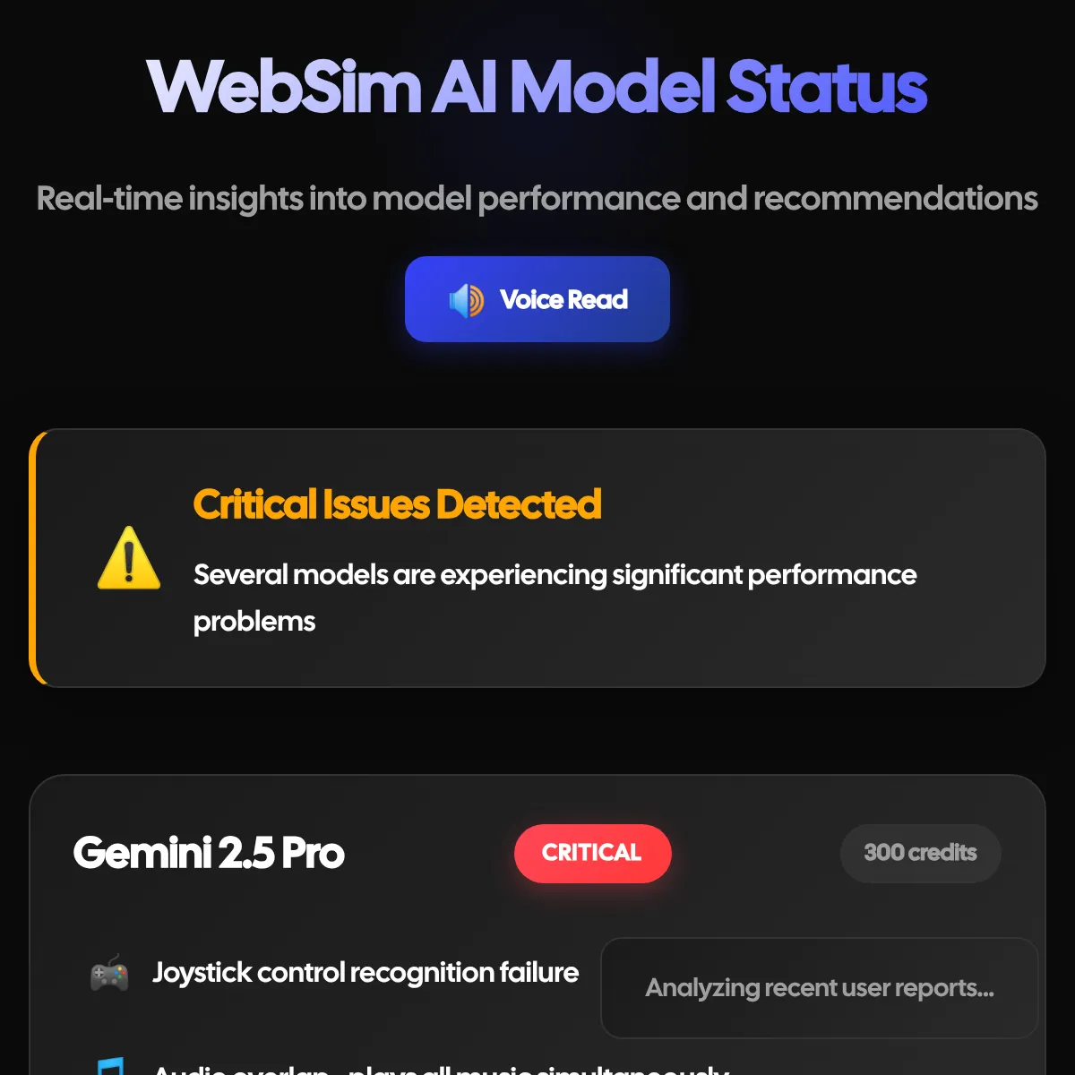 WebSim AI Model Status Dashboard