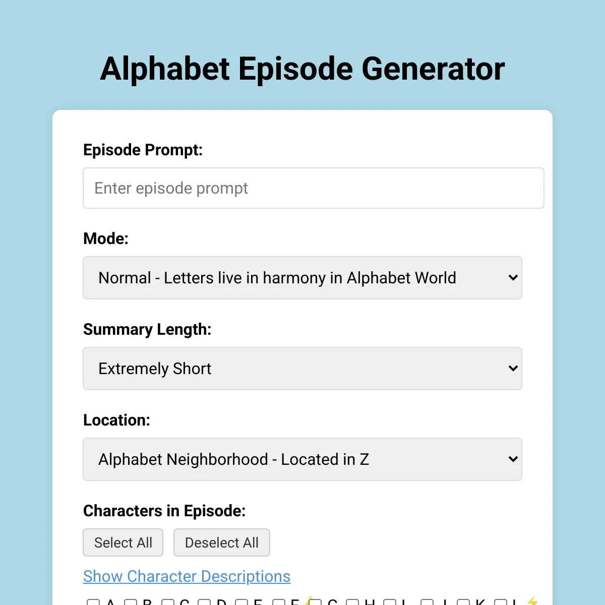 Alphabet Episode Generator Remake