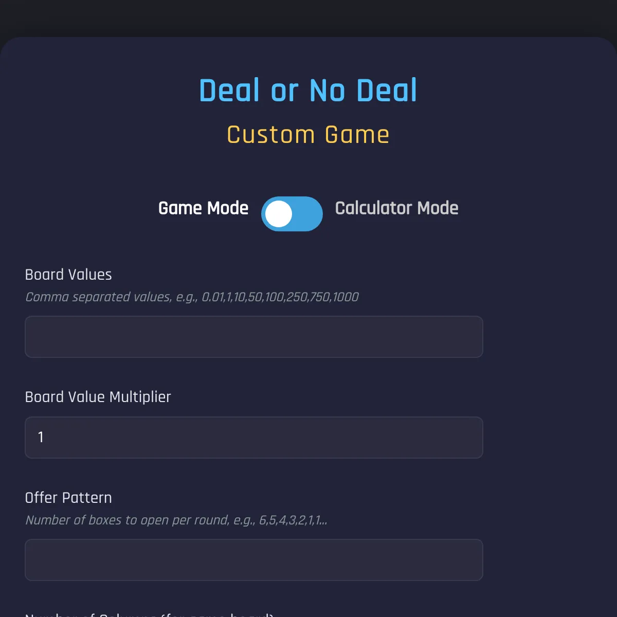 Deal or No Deal - Custom Game