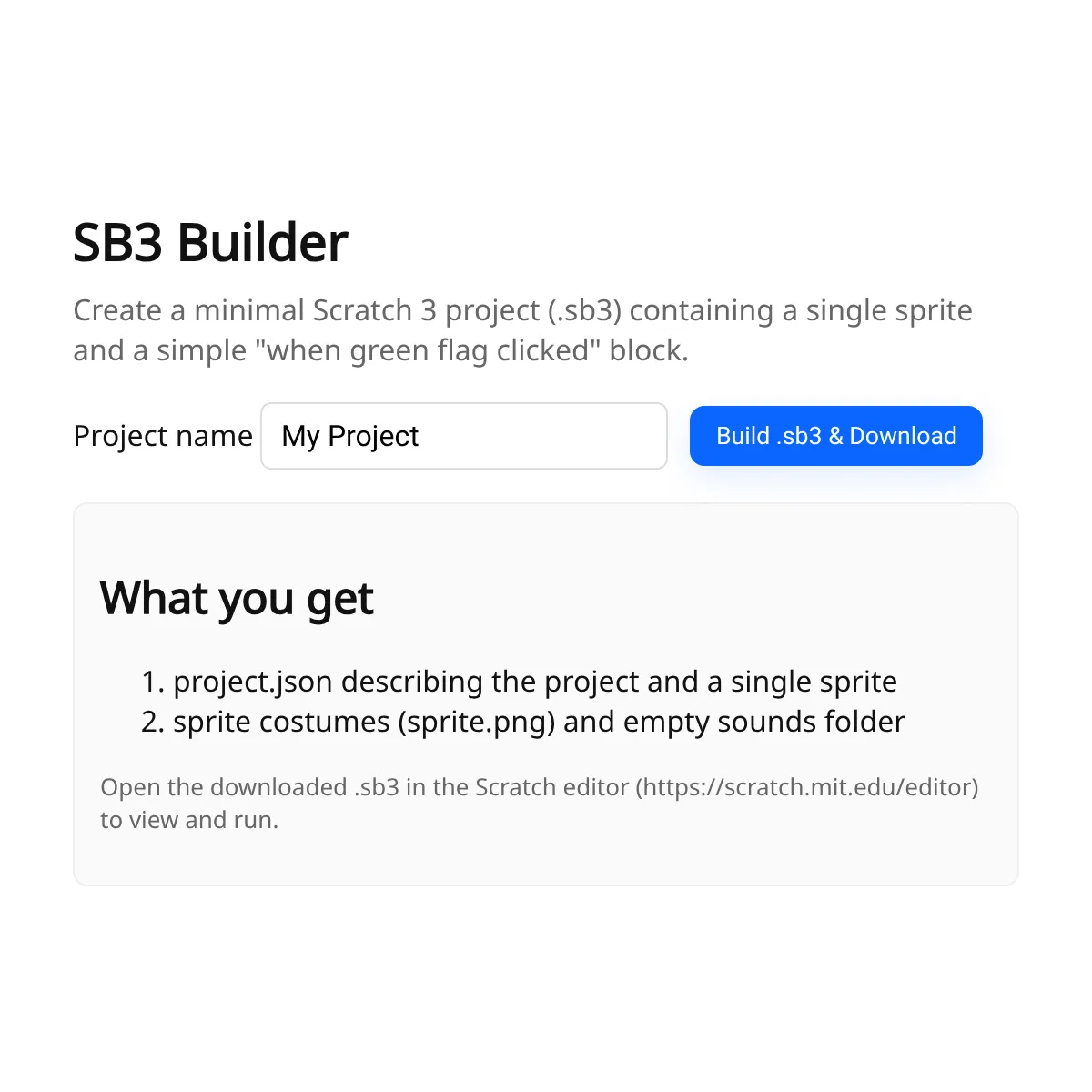SB3 Builder — Minimal Scratch Project