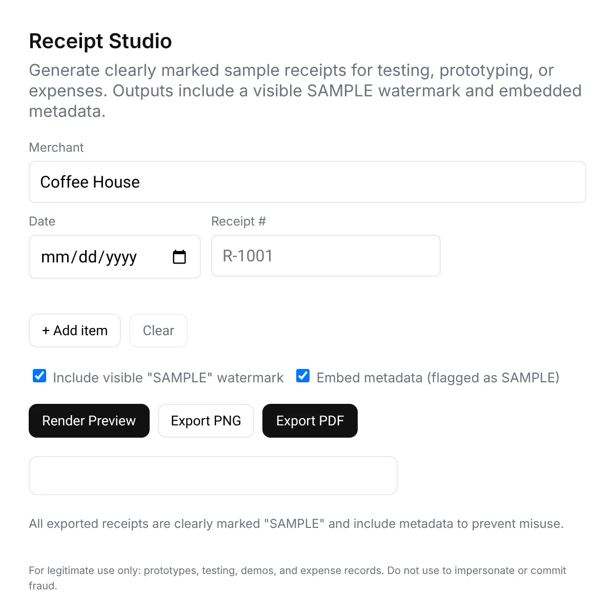 Receipt Studio — Sample Receipts Only