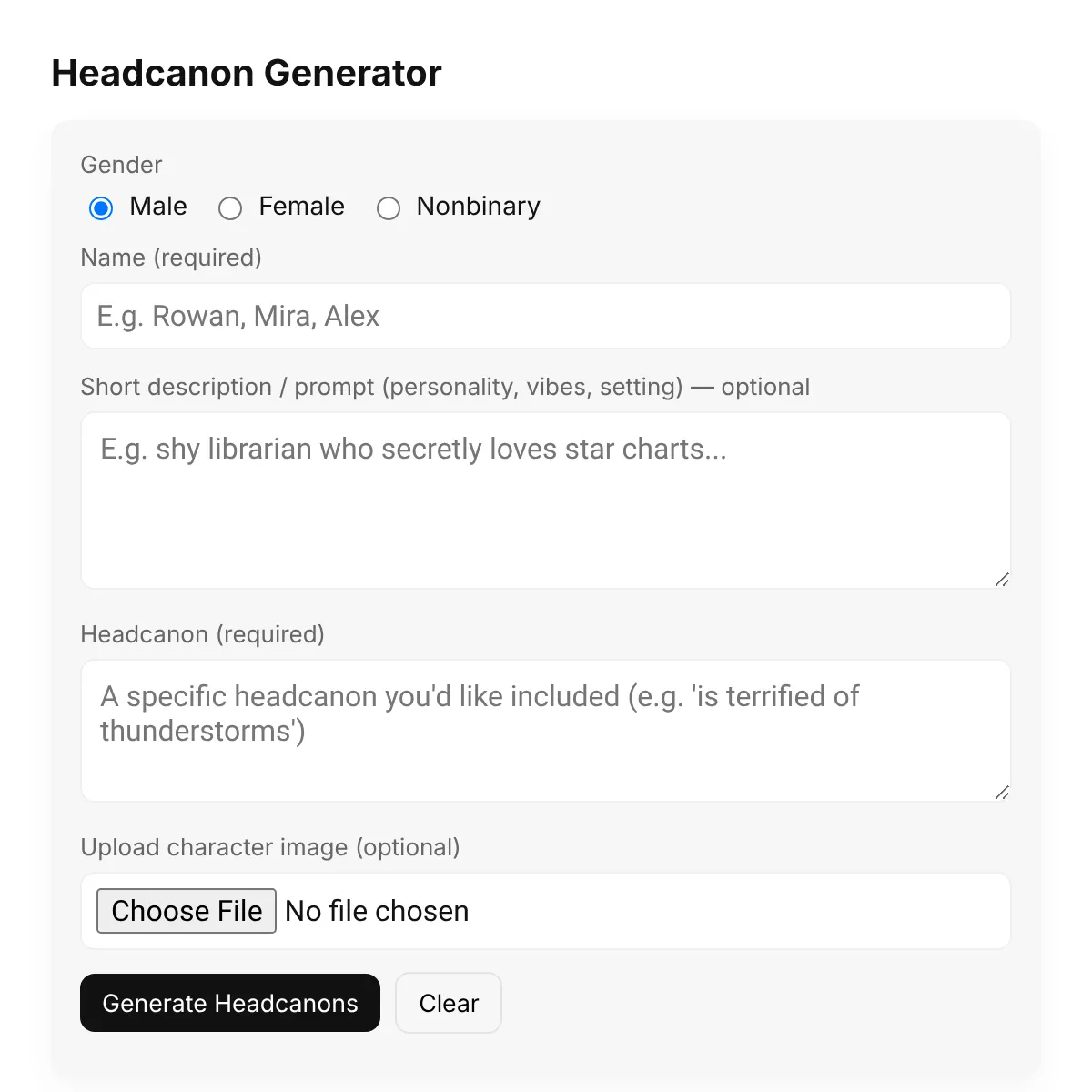 Character Headcanon Generator WIP