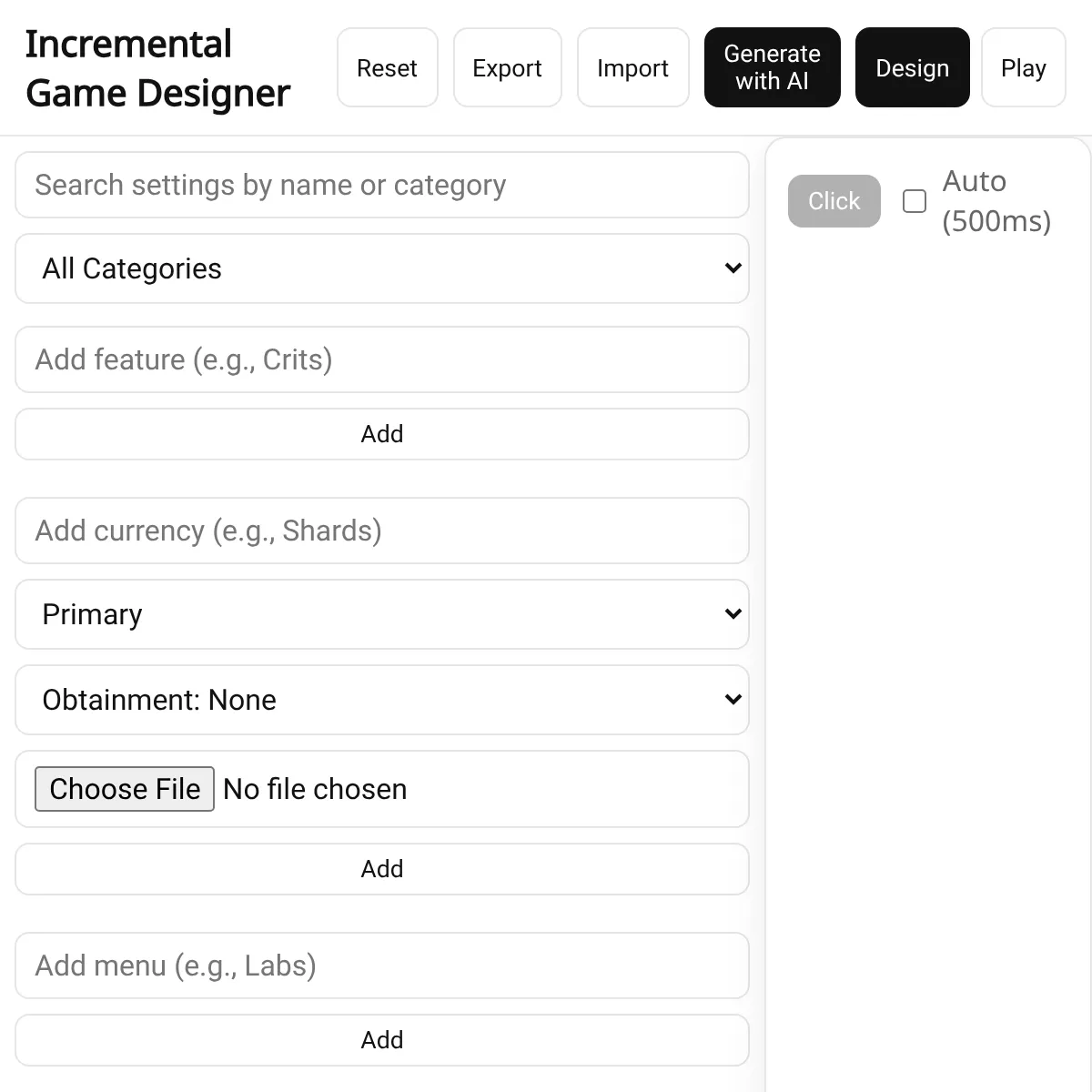 Incremental Game Designer