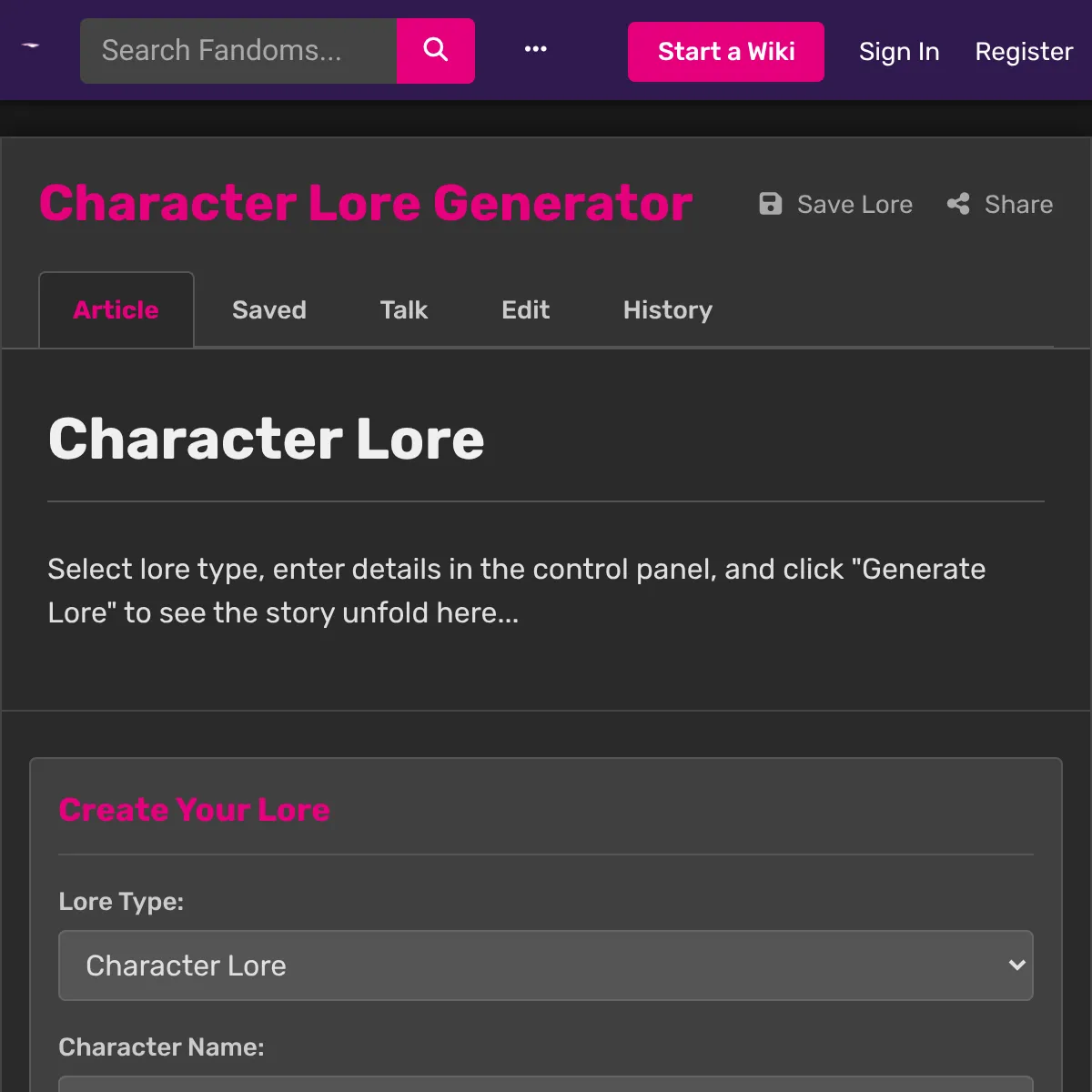 Character Lore Generator