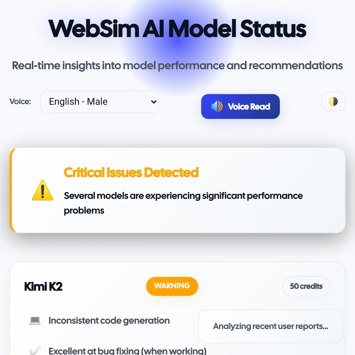 WebSim AI Model Status Dashboard