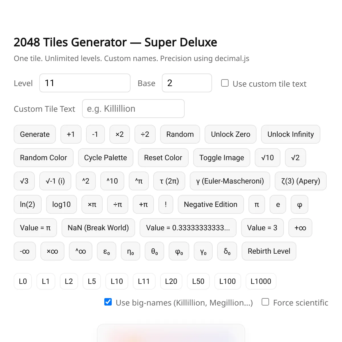 2048 Tiles Generator — Super times 1.584962500721156 Deluxe